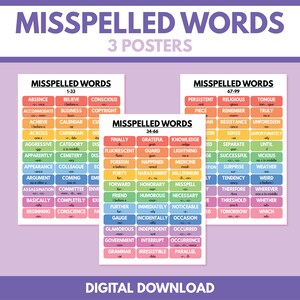 99 MOST MISSPELLED WORDS - Set of 3 Posters, Learn English, Homeschool ...