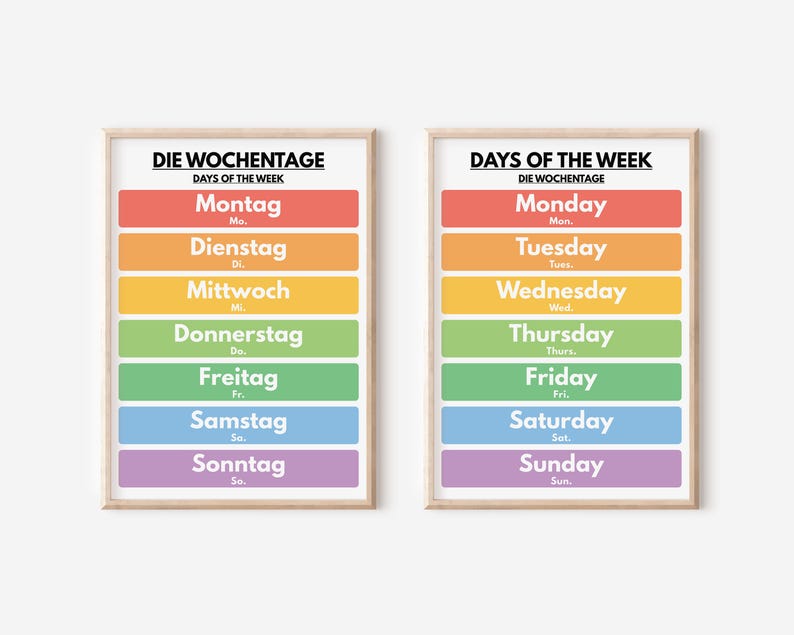 German Language, DAYS of THE WEEK in German, 2 Posters Set, German ...