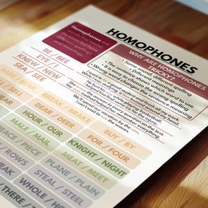 HOMOPHONES POSTER, English Language, Grammar Chart, Correct Spelling ...