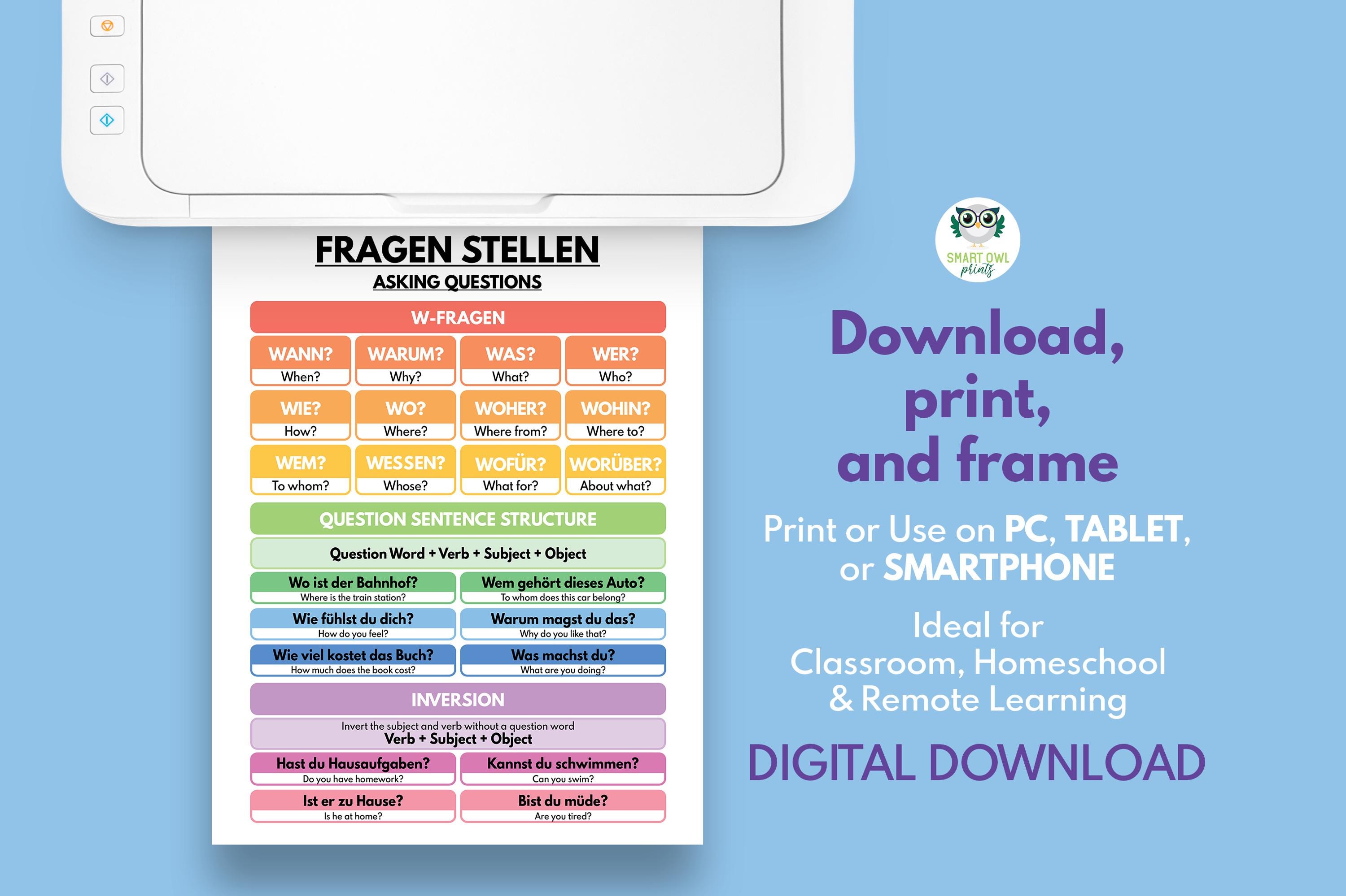 German Language, ASKING QUESTIONS POSTER, W-fragen, Questions Words ...