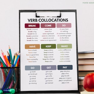 VERB COLLOCATIONS, Grammar Chart for Homeschool, Classroom Poster ...