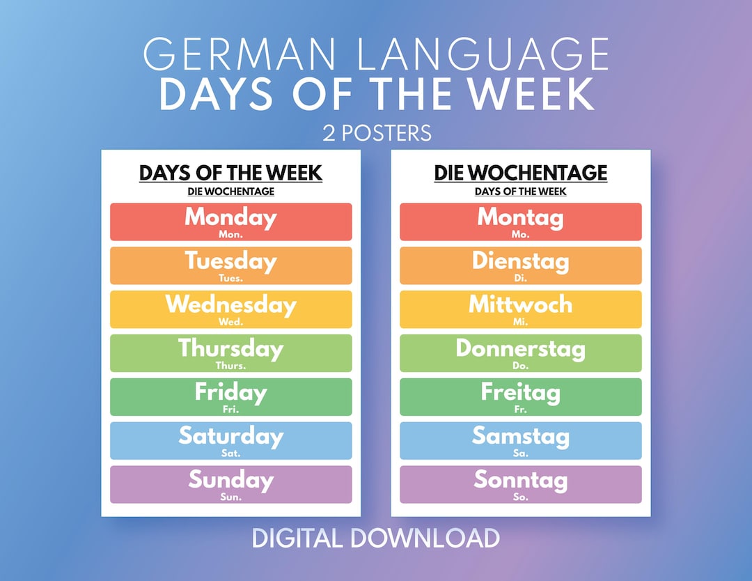 German Language, DAYS of THE WEEK in German, 2 Posters Set, German ...