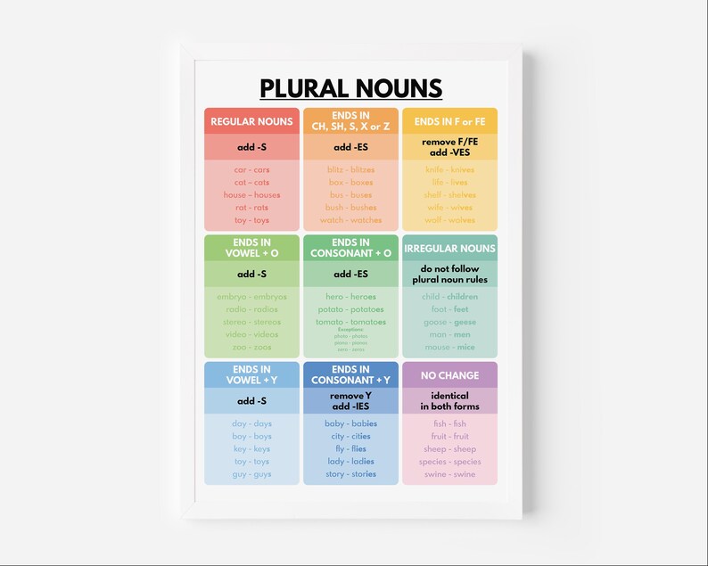 PLURAL NOUNS POSTER, Grammar Chart for Homeschool, Classroom Wall Decor ...