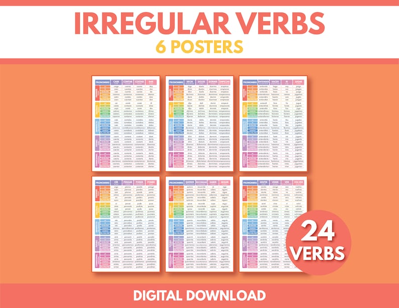 Spanish Language, 24 IRREGULAR VERBS - Set of 6 Posters, Conjugation ...