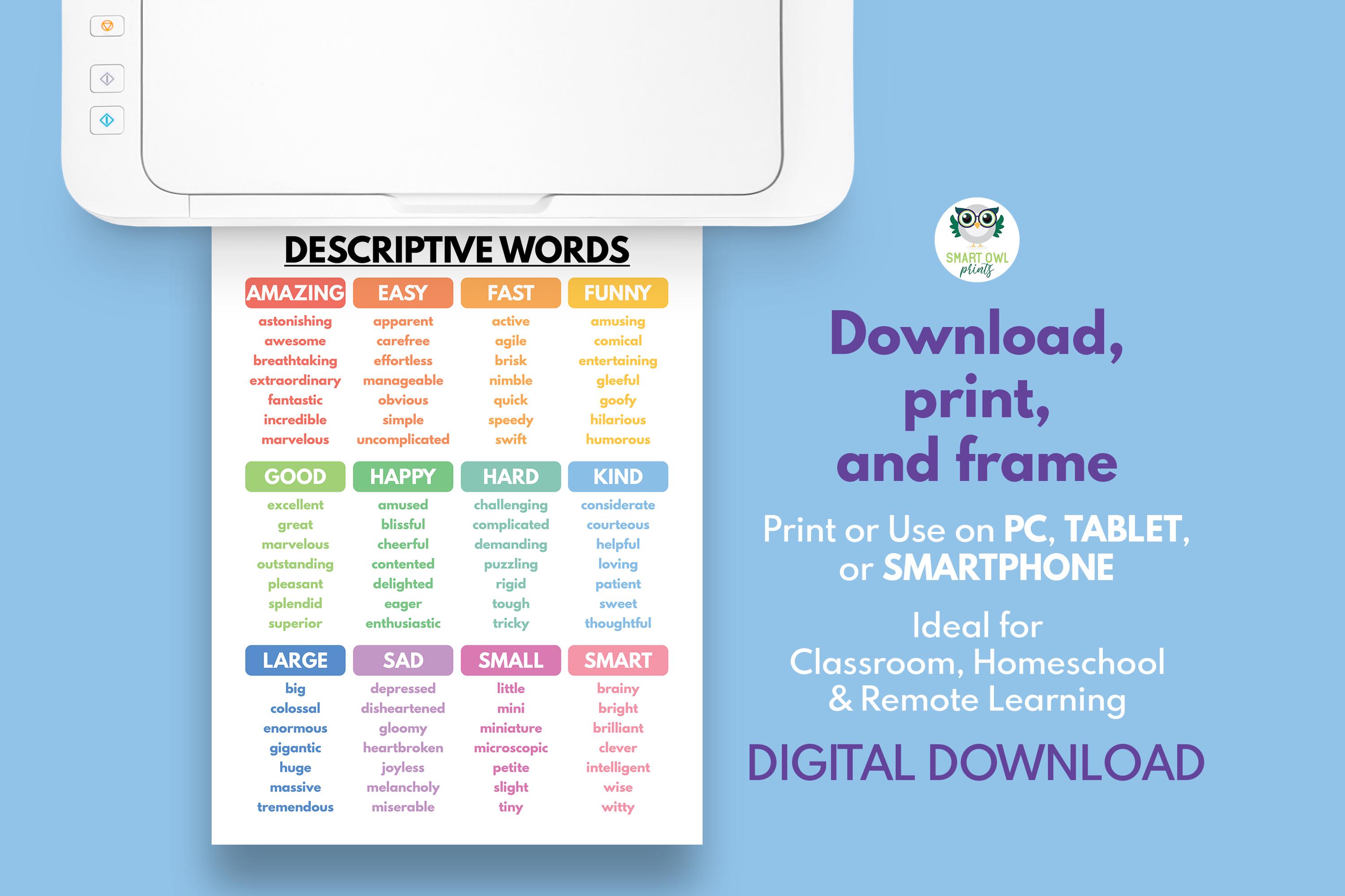 DESCRIPTIVE WORDS POSTER, Grammar Chart for Homeschool, English ...