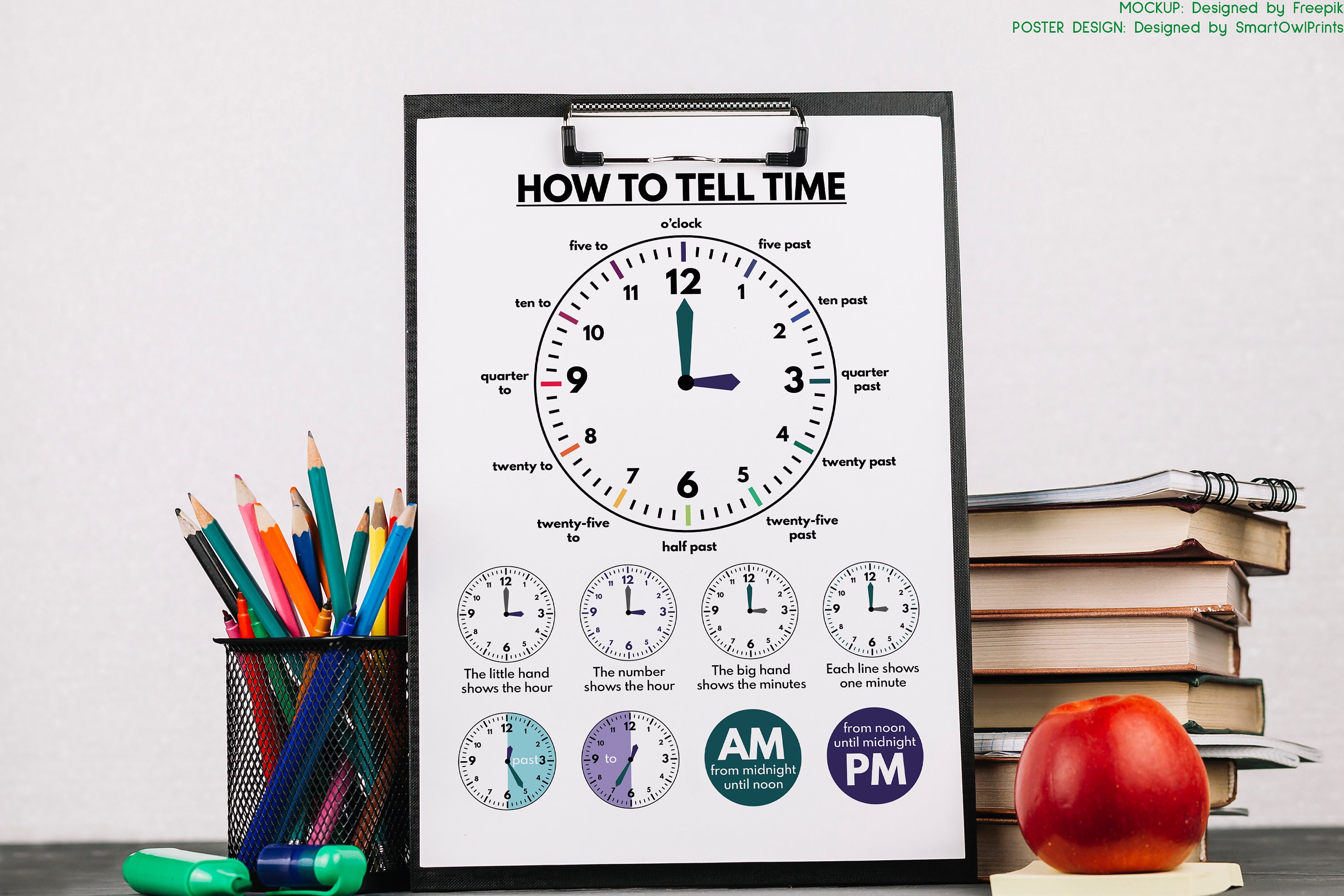 TELLING TIME POSTER, What Time is It Learning Clock, Teaching Tool ...