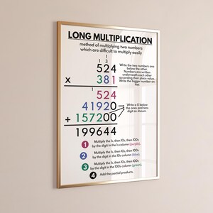 LONG MULTIPLICATION POSTER, Educational Poster for Kids, Math Classroom ...