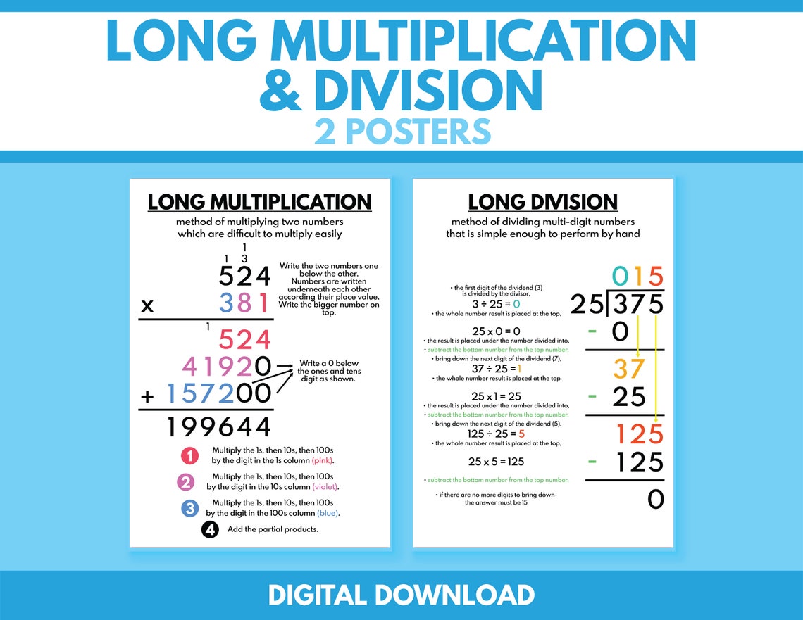LONG MULTIPLICATION and DIVISION Posters, Educational Posters for Kids ...