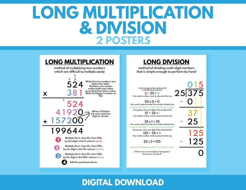 LONG MULTIPLICATION and DIVISION Posters, Educational Posters for Kids ...