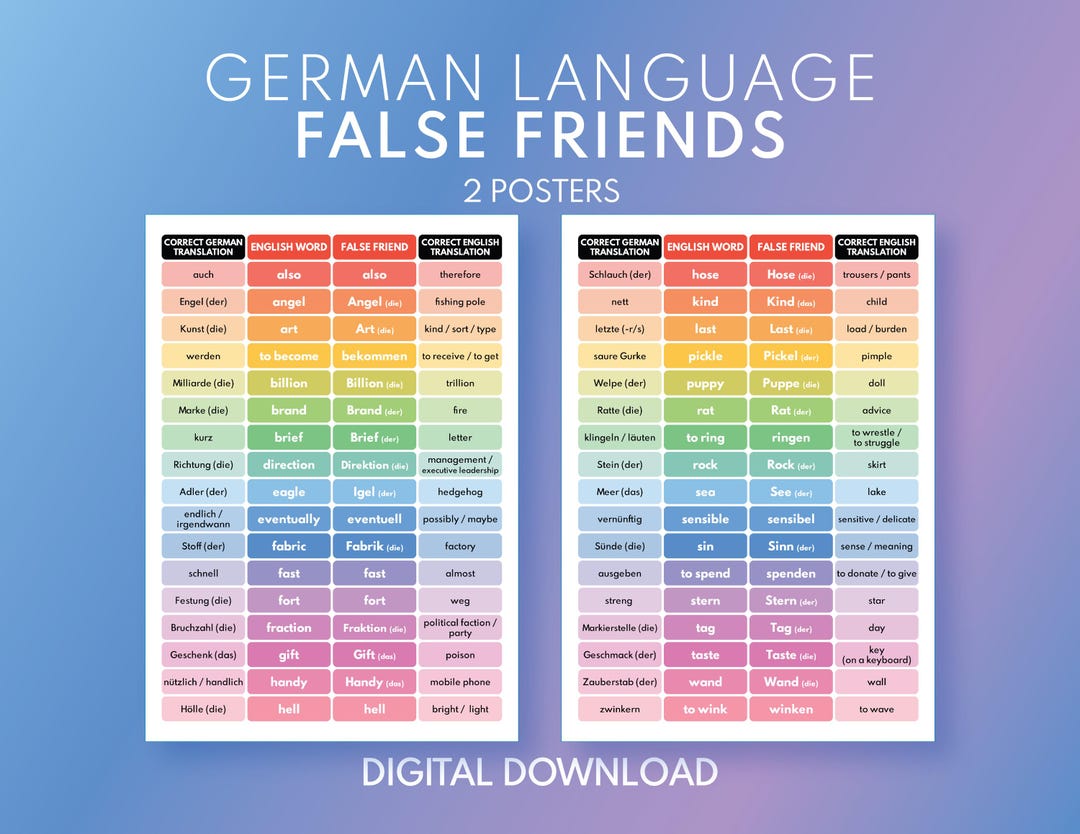 German Language, FALSE FRIENDS - Set of 2 Posters, Vocabulary Chart ...