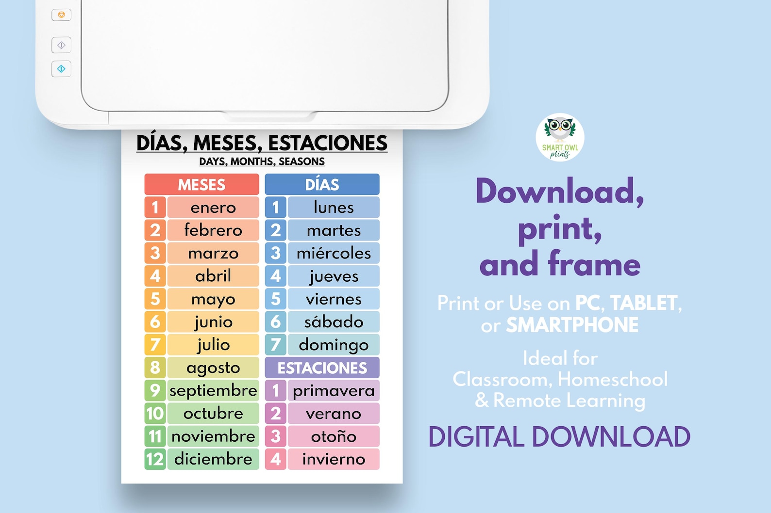 Spanish Language, DAYS MONTHS SEASONS in Spanish, Quick Reference Cheat ...