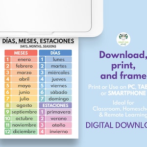Spanish Language, DAYS MONTHS SEASONS in Spanish, Quick Reference Cheat ...