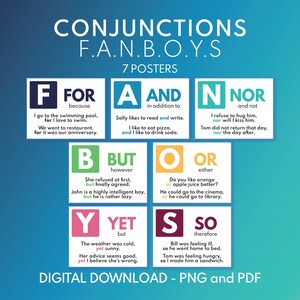 FANBOYS - Set of 7 Posters, Letter Size, Conjunctions, Parts of Speech ...
