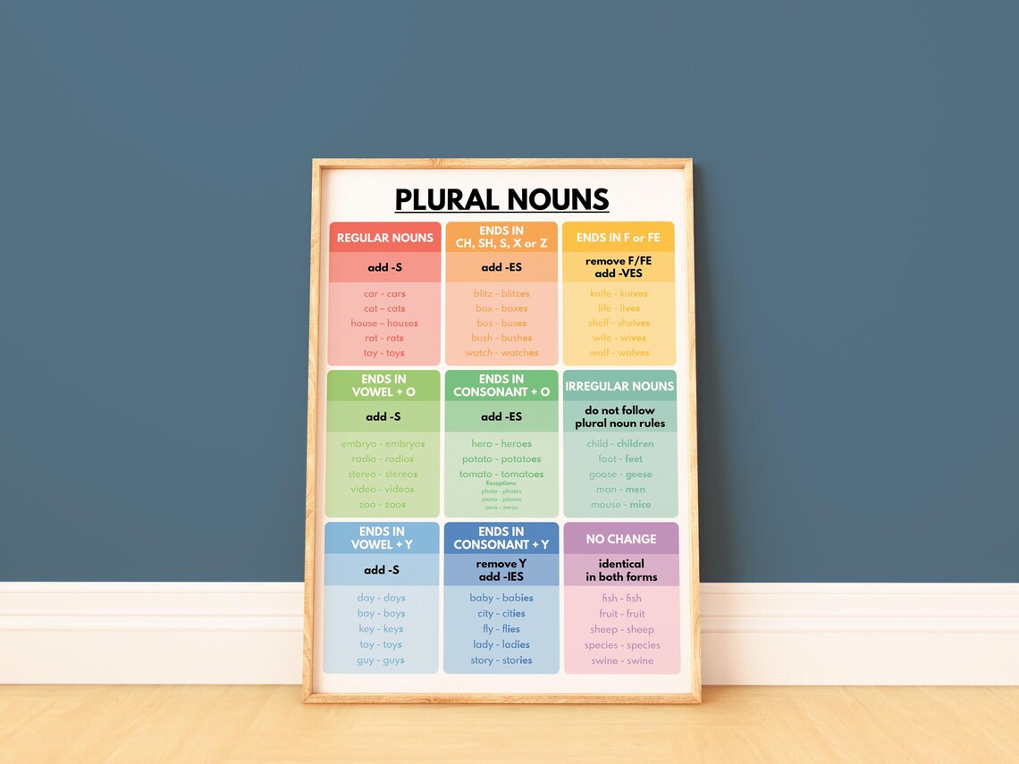 PLURAL NOUNS POSTER, Grammar Rules Chart for Homeschool, Classroom Wall ...