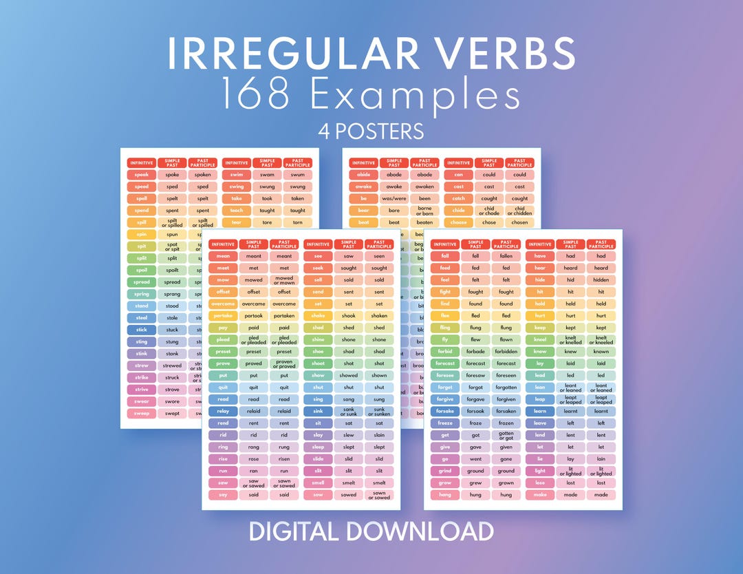 168 IRREGULAR VERBS - Set of 4 Posters, English Language, Homeschool ...