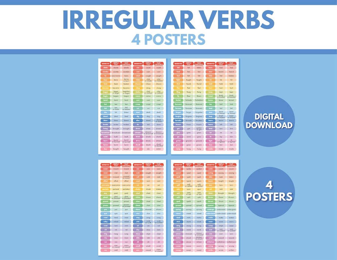 168 IRREGULAR VERBS - Set of 4 Posters, English Language, Homeschool ...