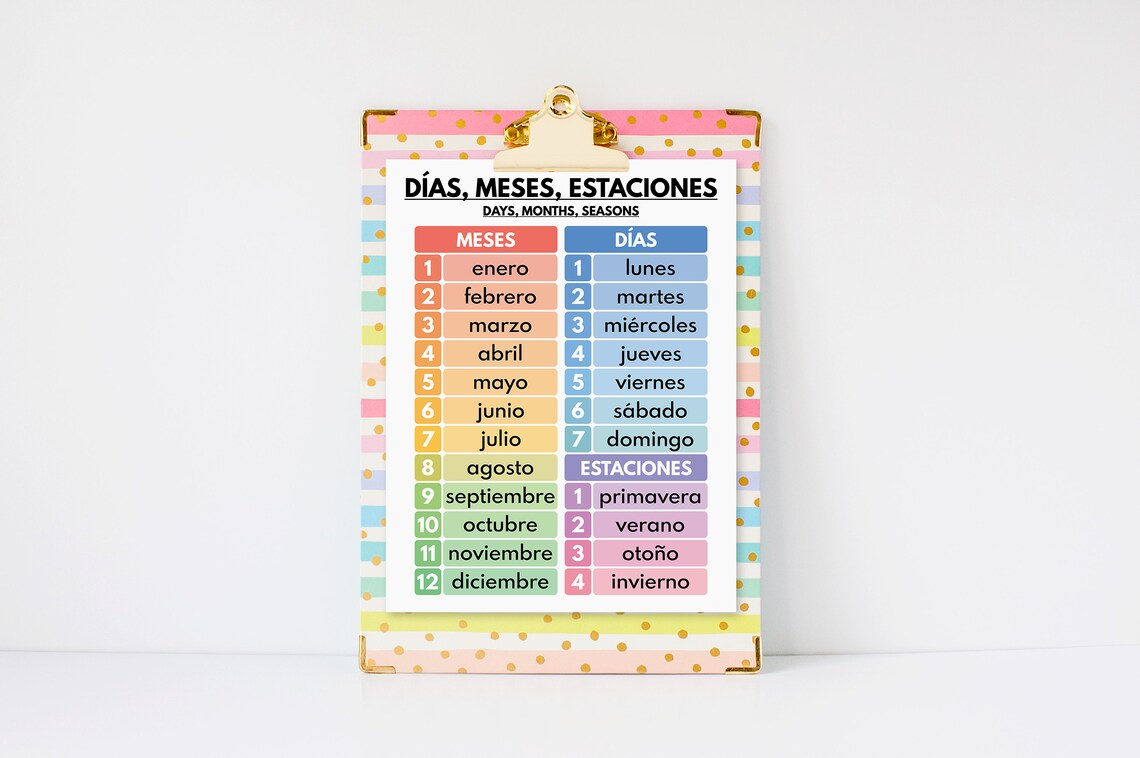 Spanish Language, DAYS MONTHS SEASONS in Spanish, Quick Reference Cheat ...