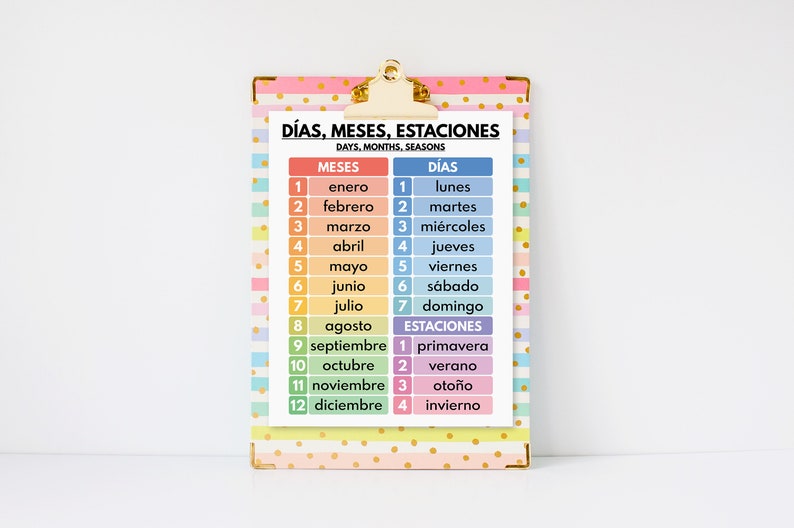 Spanish Language, DAYS MONTHS SEASONS in Spanish, Quick Reference Cheat ...