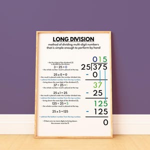 LONG DIVISION Poster, Print, Educational Poster for Kids, Math, Rainbow ...