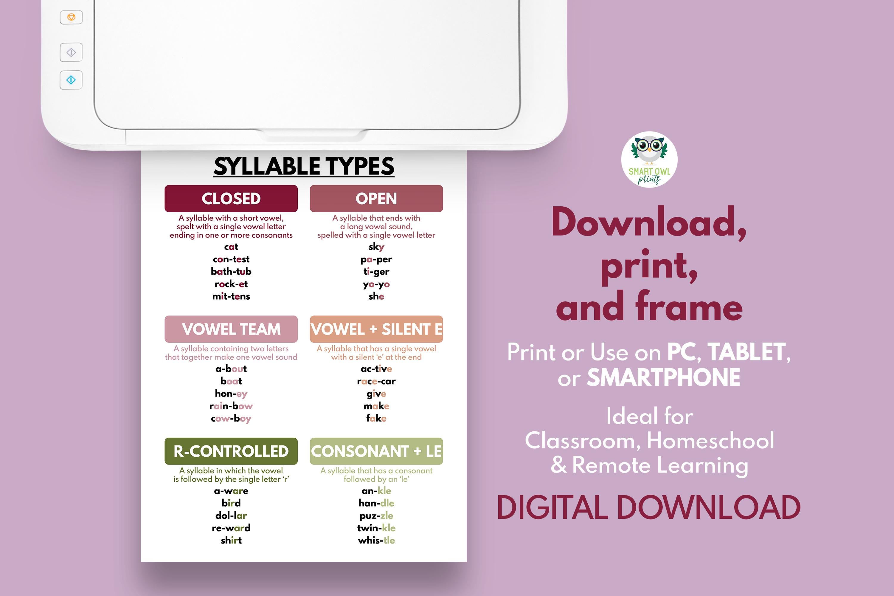 SYLLABLE TYPES POSTER, English Language, Grammar Chart, Learning Tool ...