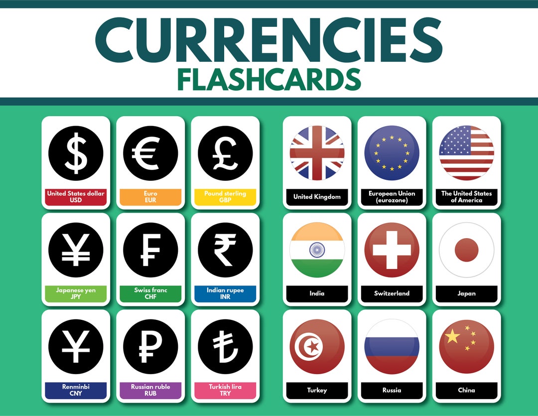 Two-sided CURRENCY SYMBOLS FLASHCARDS for Kids Currency - Etsy
