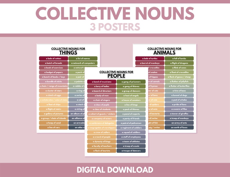 Comprehensive COLLECTIVE NOUNS POSTER, English Vocabulary, Classroom ...