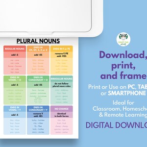 PLURAL NOUNS POSTER, Grammar Chart for Homeschool, Classroom Wall Decor ...