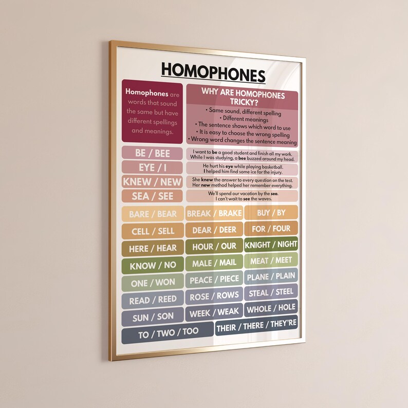 HOMOPHONES POSTER, English Language, Grammar Chart, Correct Spelling ...