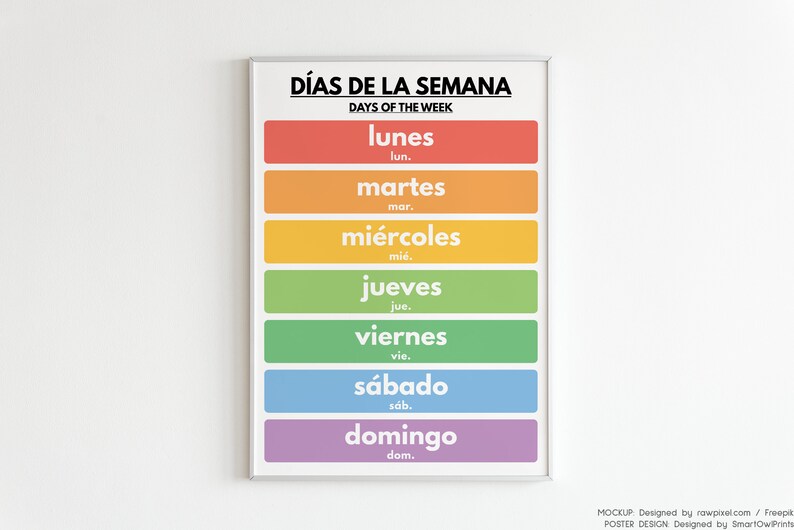 Spanish Language, DAYS of THE WEEK in Spanish, 2 Posters, Spanish ...