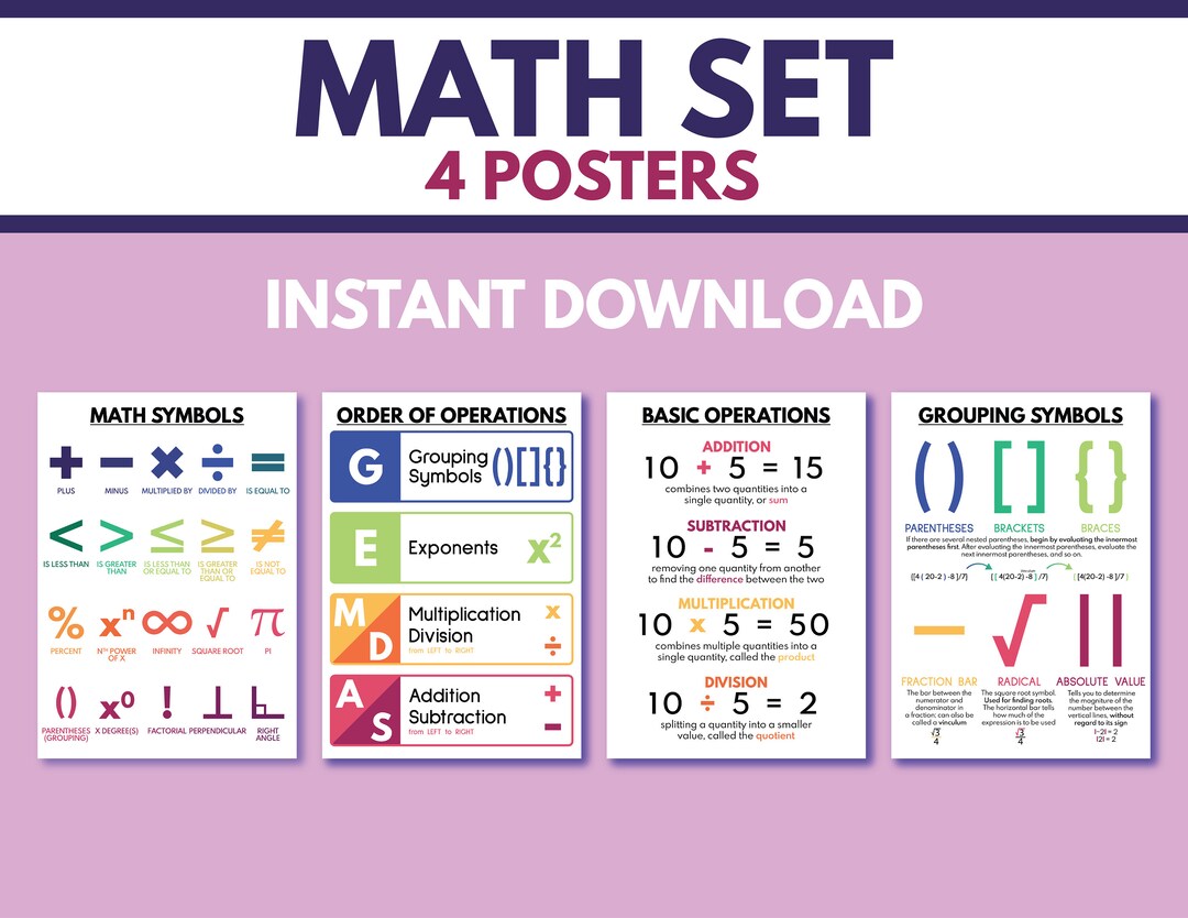 MATH BUNDLE - Set of 4 Posters, Math Symbols + GEMDAS + Basic ...
