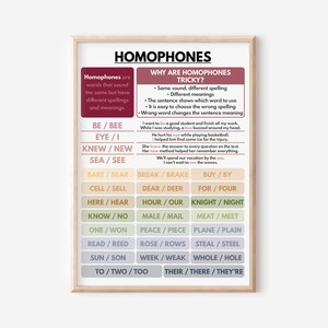 HOMOPHONES POSTER, English Language, Grammar Chart, Correct Spelling ...