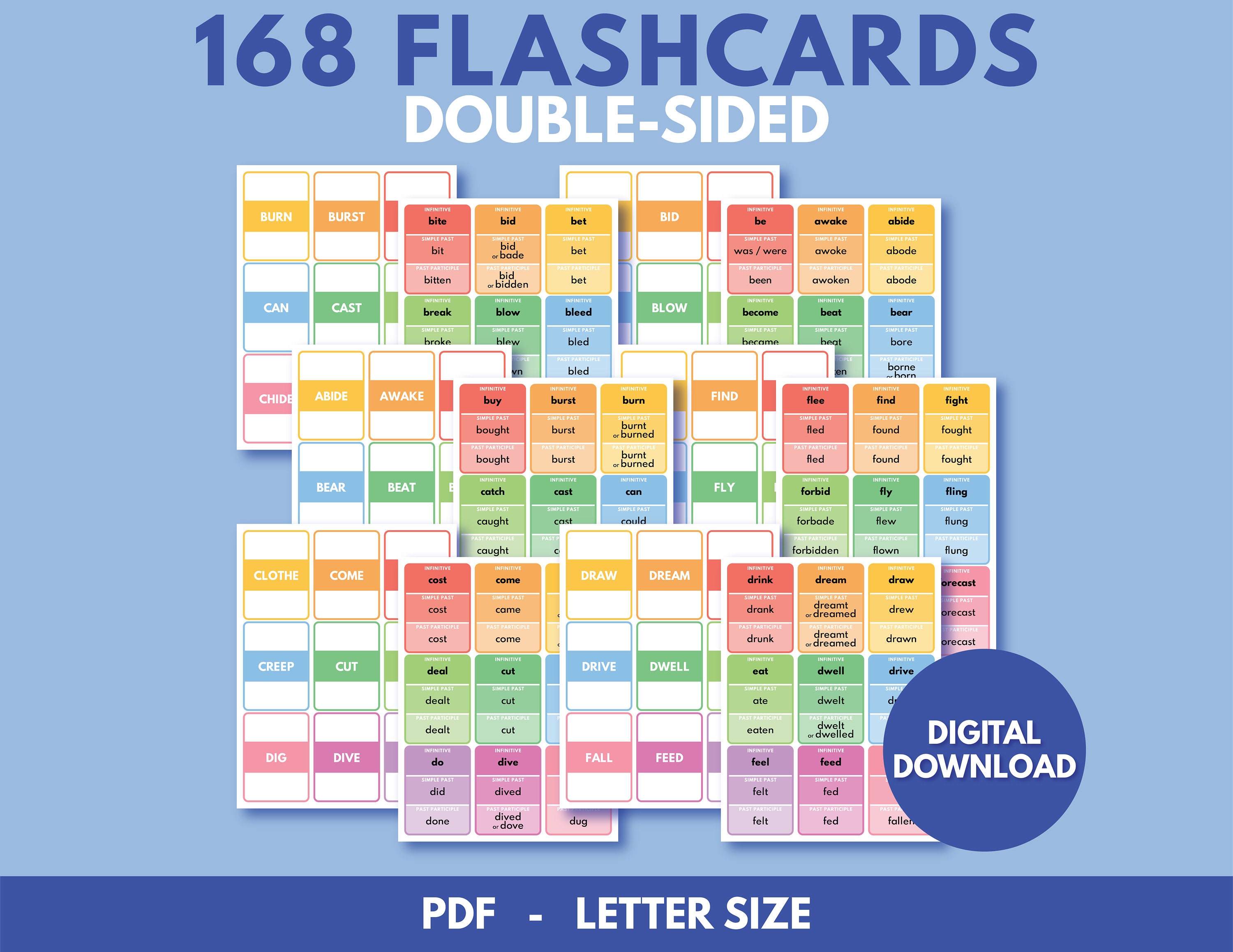 IRREGULAR VERBS BUNDLE 26 Test Worksheets Answers, Flashcards, Set of 4 ...
