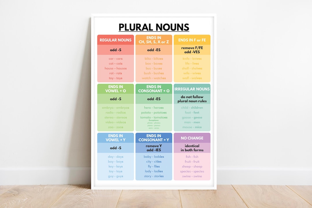PLURAL NOUNS POSTER, Grammar Rules Chart for Homeschool, Classroom Wall ...