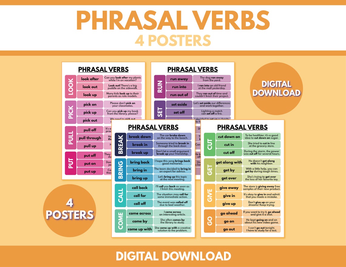 PHRASAL VERBS Set of 4 Posters, Learn English Vocabulary, Grammar Chart ...