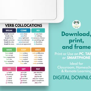 VERB COLLOCATIONS, Grammar Chart for Homeschool, Classroom Poster ...