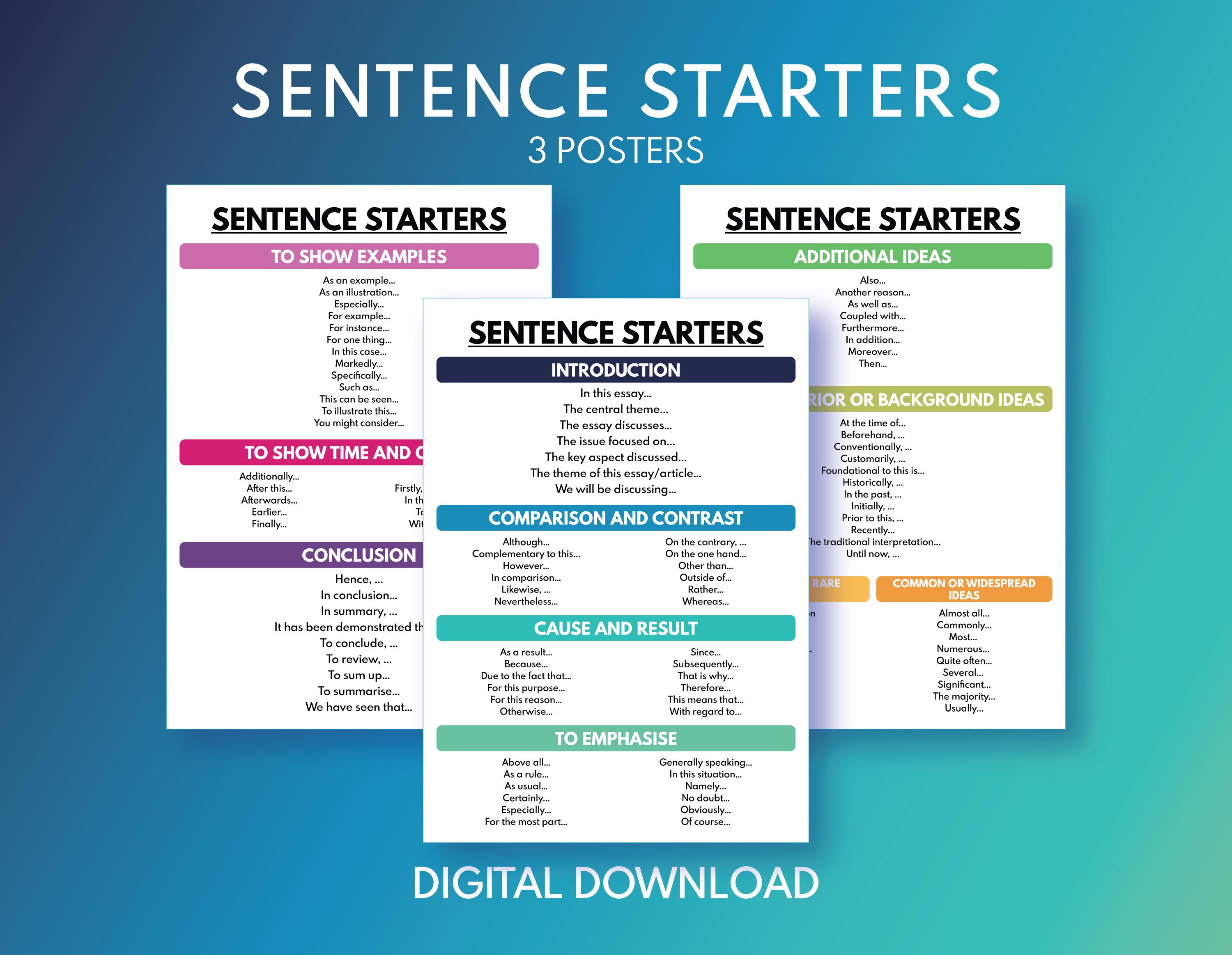 SENTENCE STARTERS - Set of 3 Posters, Writing an Essay, Homeschool ...