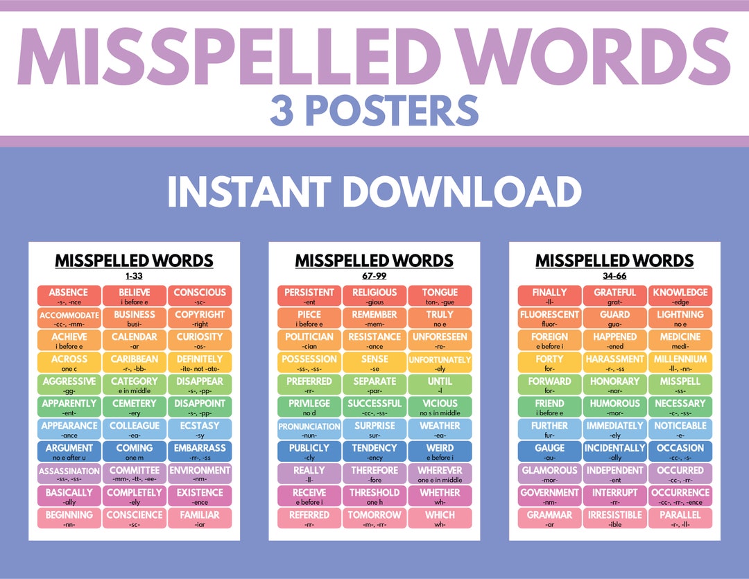 99 MOST MISSPELLED WORDS Set of 3 Posters Learn English - Etsy