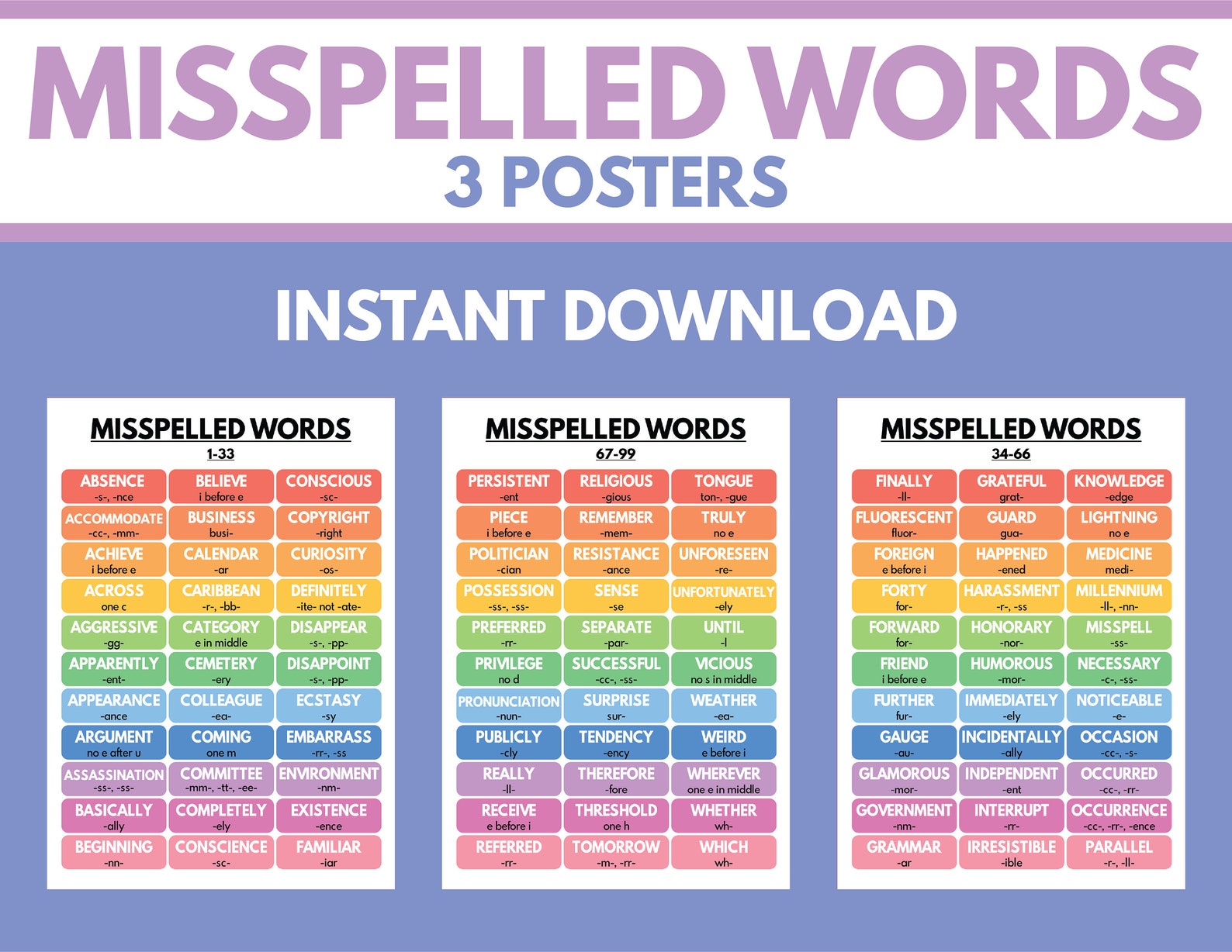 99 MOST MISSPELLED WORDS Set of 3 Posters Learn English - Etsy