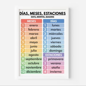 Spanish Language, DAYS MONTHS SEASONS in Spanish, Quick Reference Cheat ...