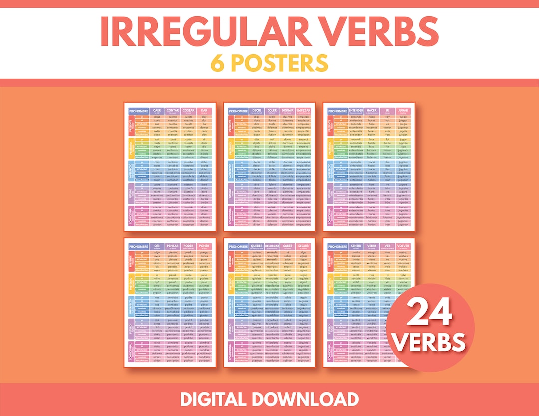 Spanish Language, 24 IRREGULAR VERBS - Set of 6 Posters, Conjugation ...
