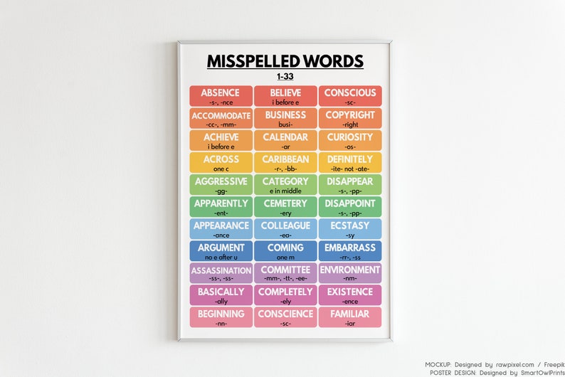 99 MOST MISSPELLED WORDS Set of 3 Posters Learn English - Etsy