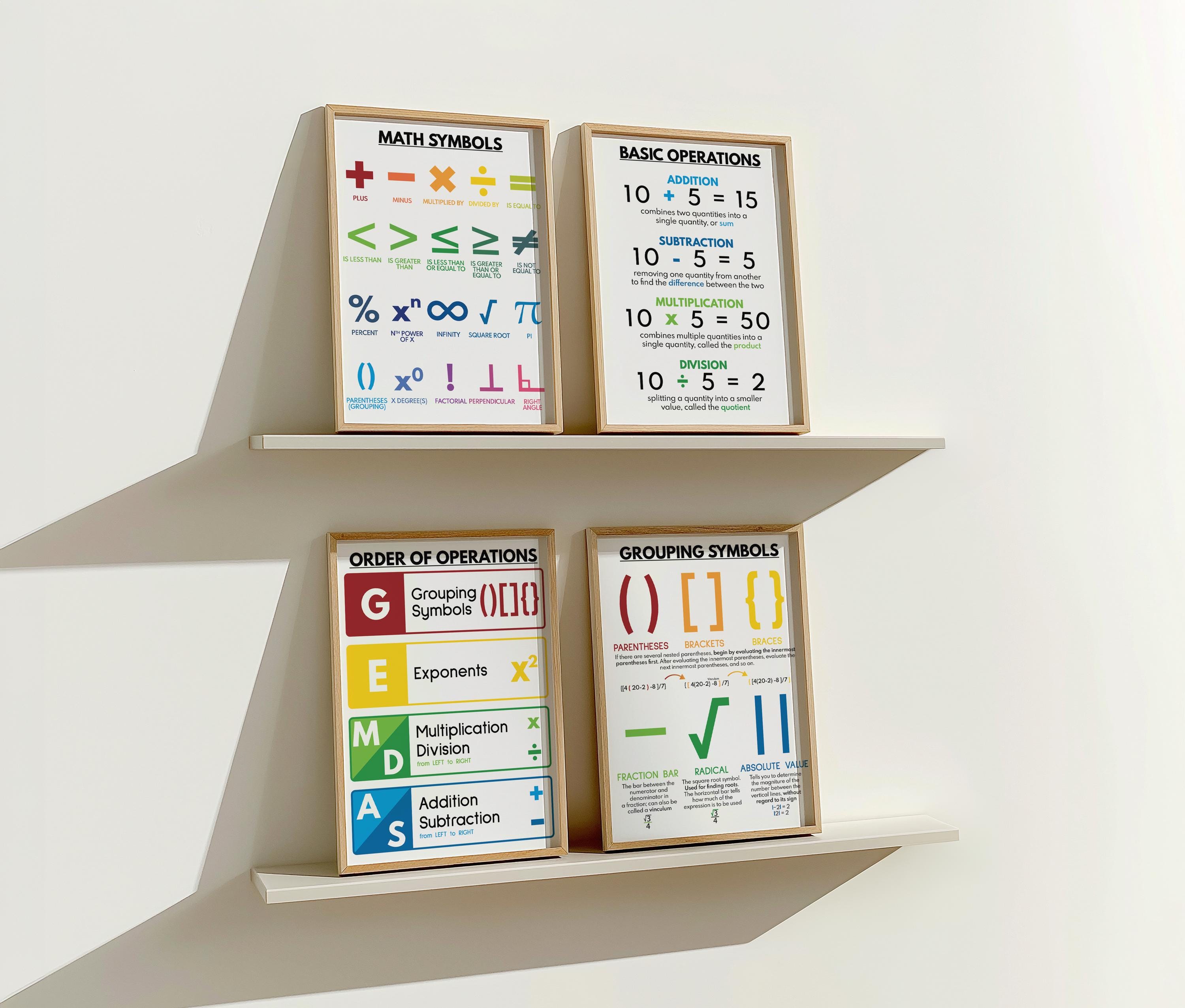 MATH BUNDLE - Set of 4 Posters, Math Symbols + GEMDAS + Basic ...