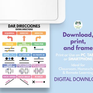 Spanish Language, GIVING DIRECTIONS POSTER, Vocabulary Chart for ...