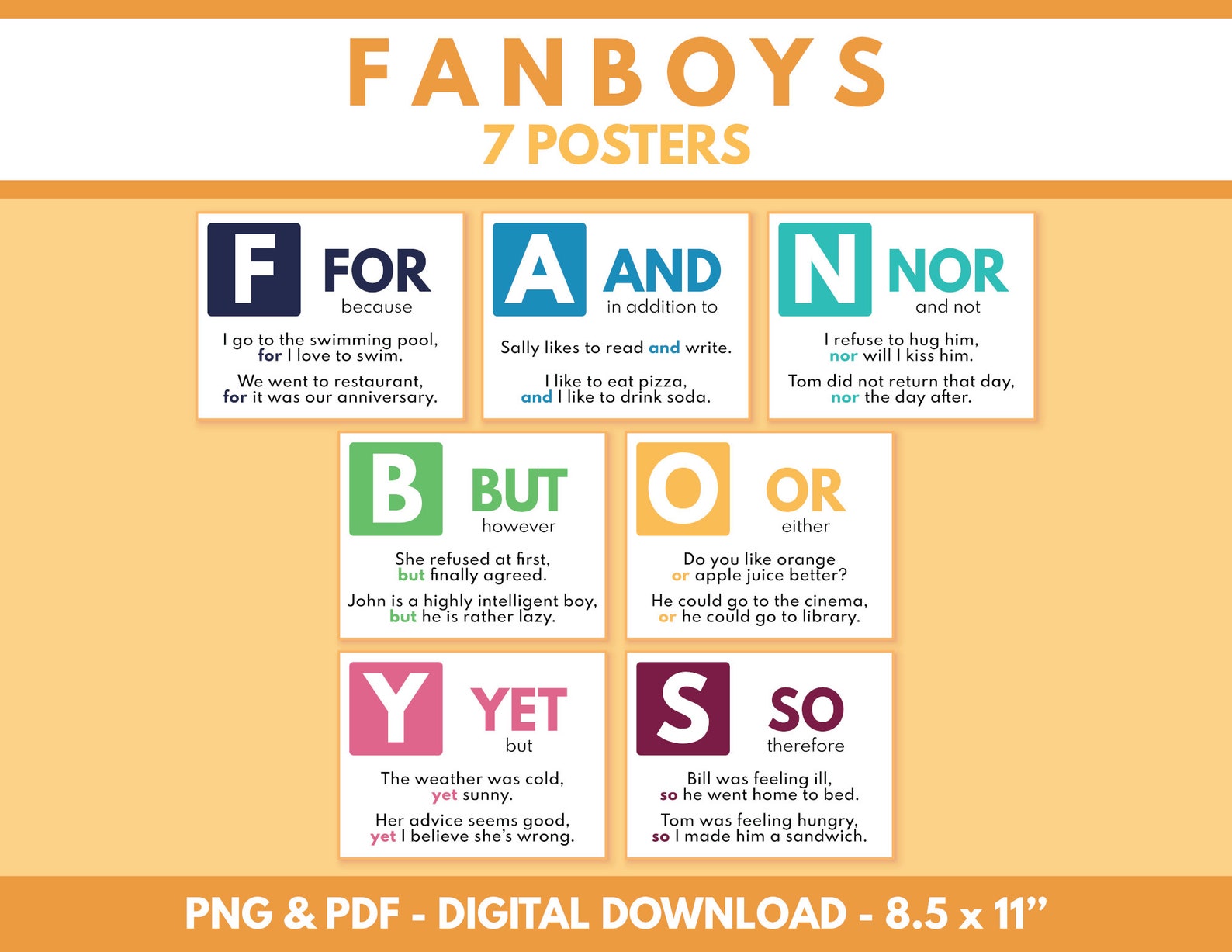 FANBOYS - Set of 7 Posters, Letter Size, Conjunctions, Parts of Speech ...