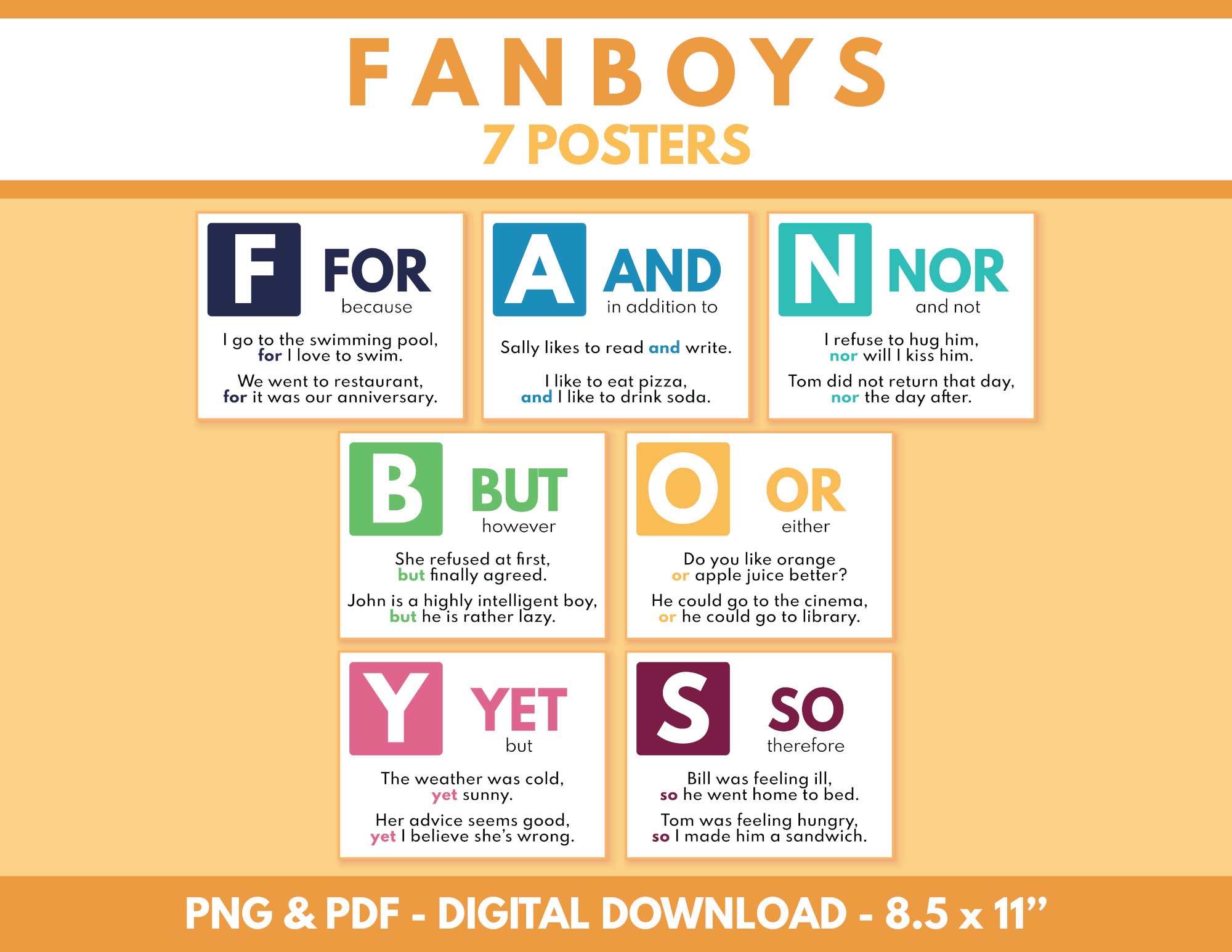 FANBOYS - Set of 7 Posters, Letter Size, Conjunctions, Parts of Speech ...