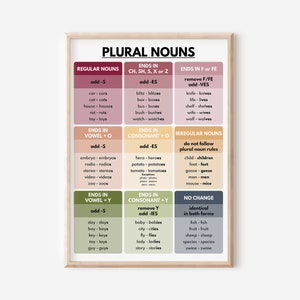 PLURAL NOUNS POSTER, Grammar Rules Chart for Homeschool, Classroom Wall ...