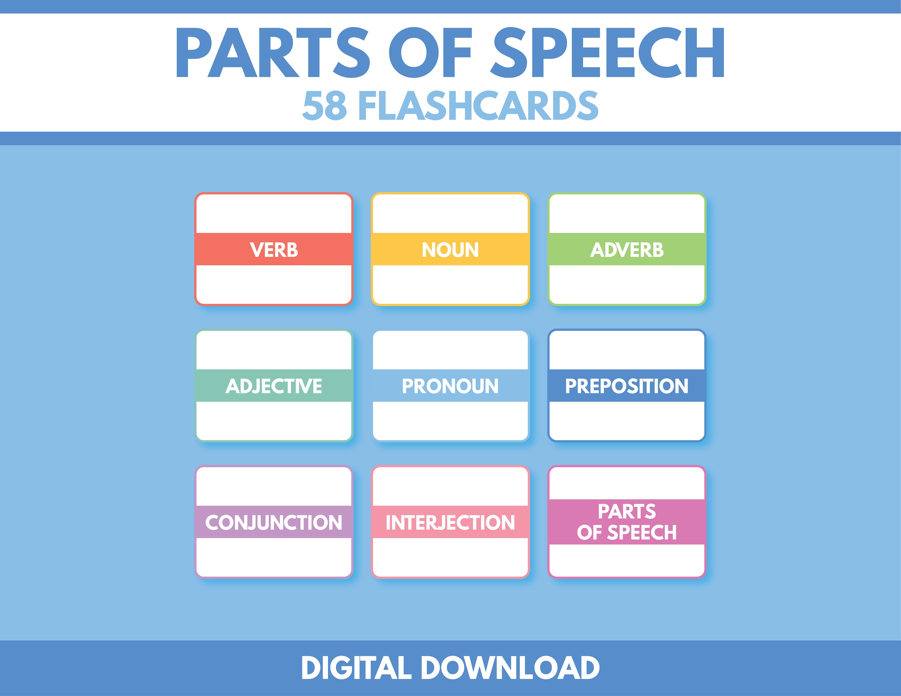 PARTS of SPEECH FLASHCARDS for Kids, 58 Flash Cards, English Grammar ...