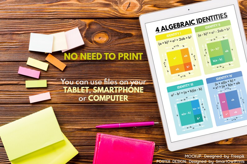 FOUR ALGEBRAIC IDENTITIES, Educational Posters, Math, Rainbow Colors ...