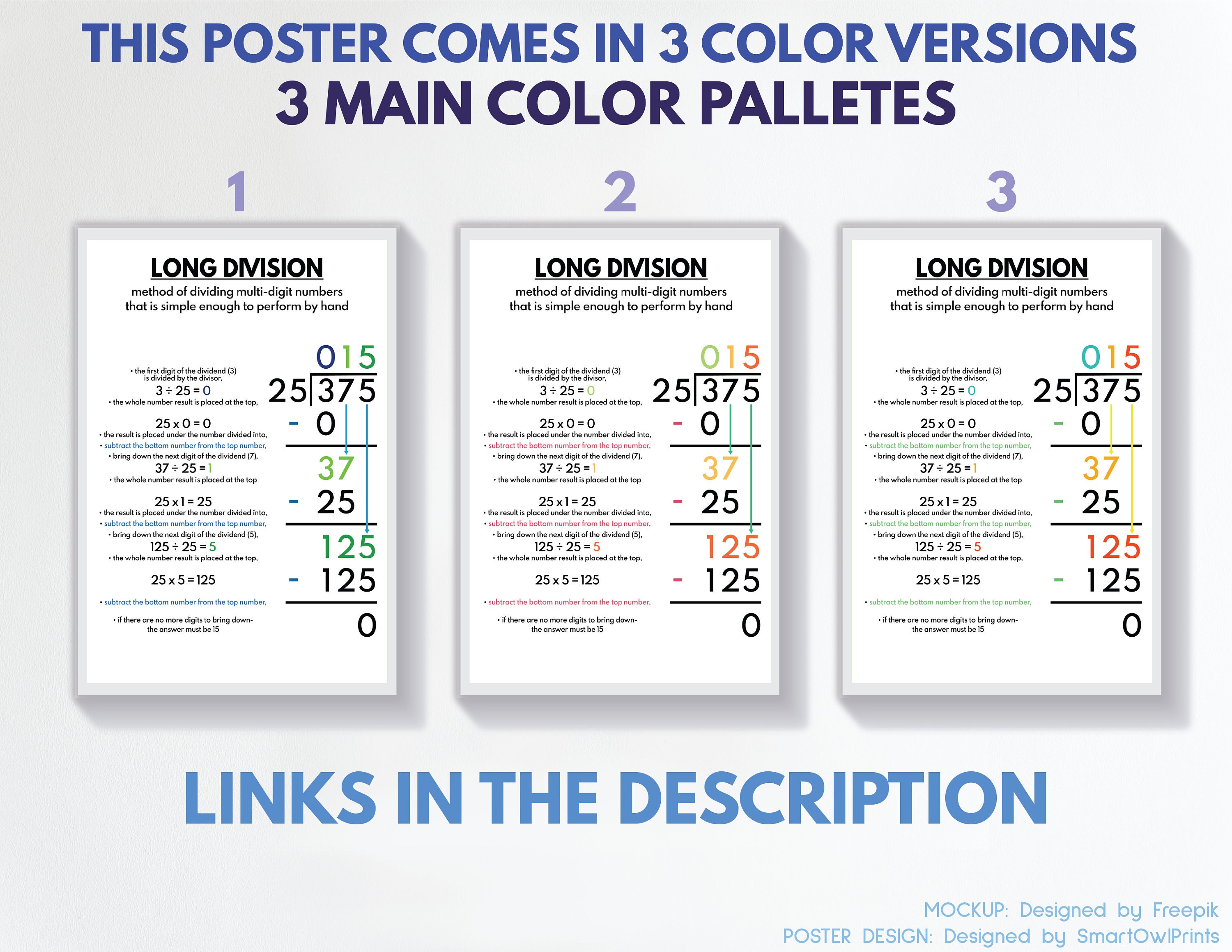 LONG DIVISION Poster, Print, Educational Poster for Kids, Math, Rainbow ...