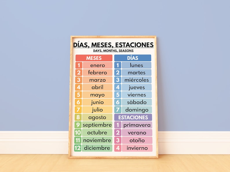 Spanish Language, DAYS MONTHS SEASONS in Spanish, Quick Reference Cheat ...